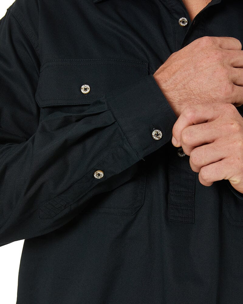 Pilbara Closed Front Cotton Twill Shirt LS - Black | Buy Online