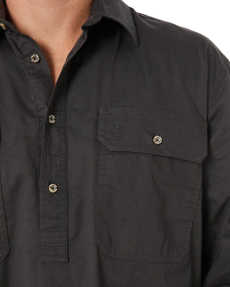 Pilbara Closed Front Cotton Twill Shirt LS - Charcoal | Buy Online