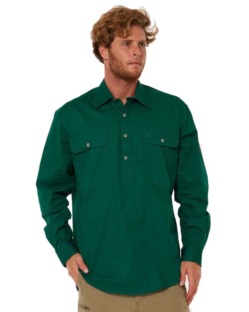 Pilbara Closed Front Cotton Twill Shirt LS - Green | Buy Online