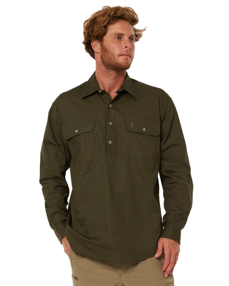 Pilbara Closed Front Cotton Twill Shirt LS - Olive | Buy Online