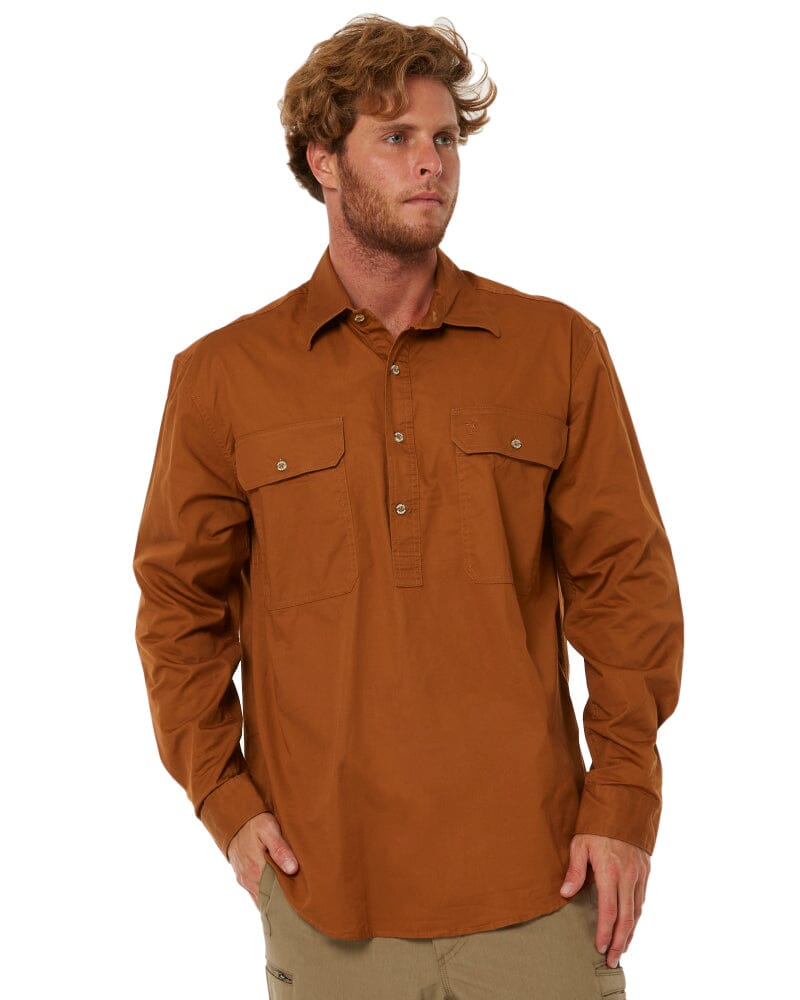 Pilbara Closed Front Cotton Twill Shirt LS - Terracotta | Buy Online