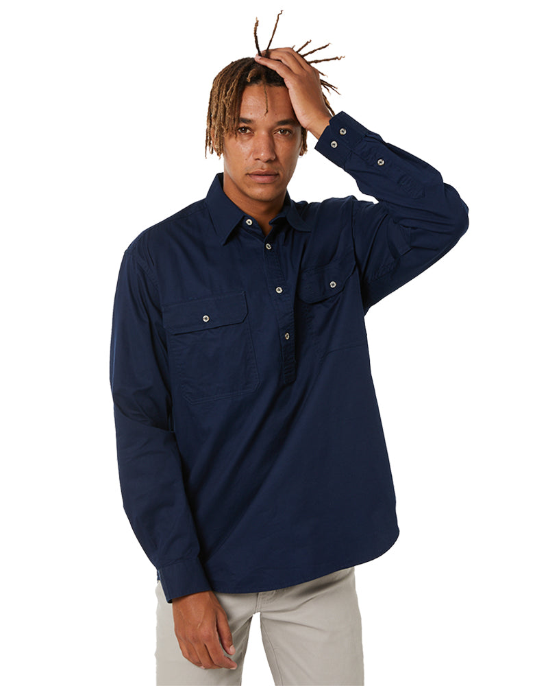 Pilbara Closed Front Cotton Twill Shirt LS - French Navy | Buy Online
