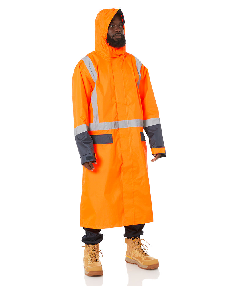 Bisley Hi Vis Taped Long Rain Coat - Orange/Navy | Buy Online